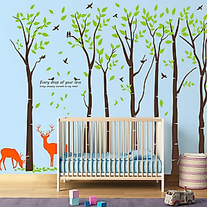 Giant Large Jungle 7 Brown Tree Wall Decal DIY Removable Vinyl Sticker Green Leaf Leaves Birds and Deer Wallpaper for Kids Girl Boy Bedroom Living Room Nursery Rooms Home Offices Walls 118" x 83"