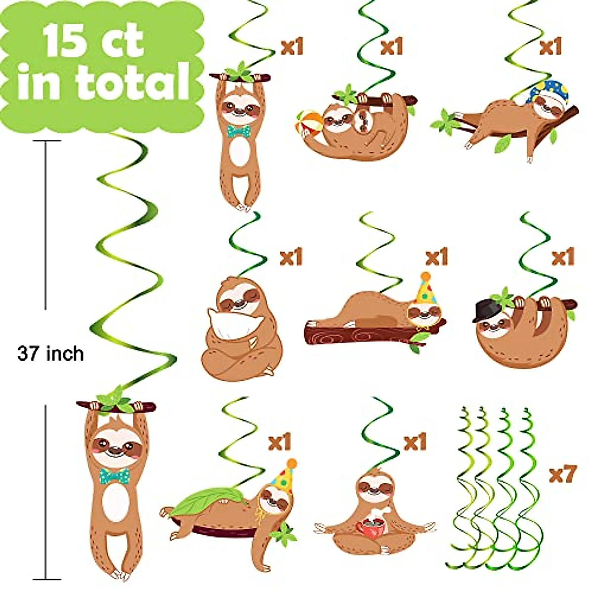 15pcs Sloth Party Hanging Swirls Decorations Sloth Theme Ceiling Streamer for Birthday Party Supplies Baby Shower Favor Spiral Ornaments