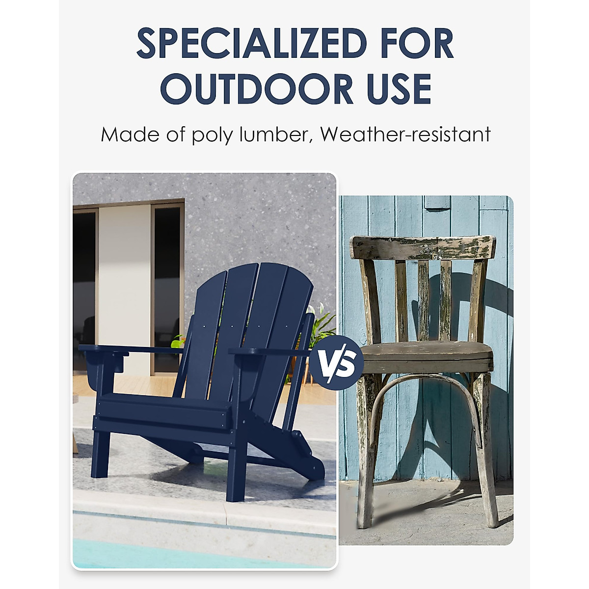 Adiromoti Folding Adirondack Chairs Set of 4, All-Weather Resistant HDPE Patio Firepit Chairs, Sturdy Outside Chairs with Cup Holder, Lawn Chairs, 80% Pre-Installed Load Capacity 385lb, Navy Blue