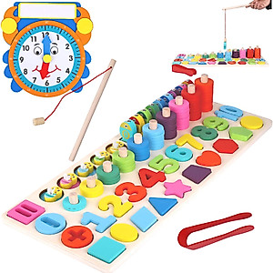 Wooden Montessori 7 - 1 Puzzle Set–Shape Sorter Counting Game, Preschool Education Math Stacking Block Learning Wood Math, Number, Shape, Picking, Stacking, Counting, Fishing Set with Learning Clock