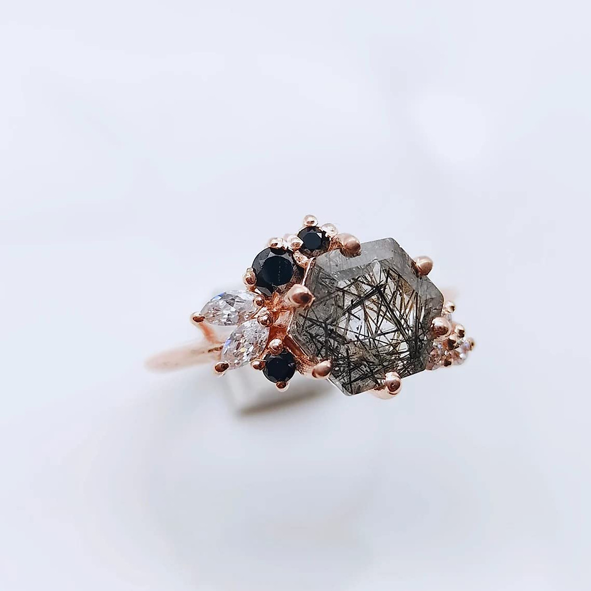 Rings For Women Hexagon Cut Black Rutilated Quartz Ring Vintage Unique Ring Marquise Cluster Black Spinel, Gift Beautiful Wedding Ring BY FOREVER GEMS & JEWELS, Rose Gold,White,Silver