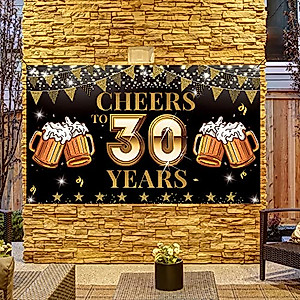 Cheers to 30 Years Backdrop Banner, Happy 30th Birthday Decorations for Men Women, 30th Anniversary, Class Reunion Backdrop, Black Gold 30 Years Celebration Party Decoration, Vicycaty (6.1ft x 3.6ft）