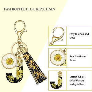 XGALBLA Letter J Keychain Accessories Cute Sunflower Initial Key Ring Premium Bag Charm Keychain Accessories for Women