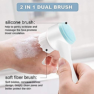 Manual Facial Cleansing Brush, 2-in-1 Skin Care face Brush, Silicone Facial Scrubber Manual Dual Face Wash Brush for Deep Pore Exfoliation Massaging (Blue)