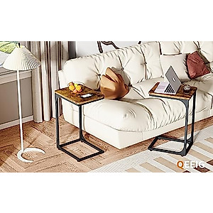 QEEIG End Table C Table Set of 2 Living Room Sets Couch Side C Shaped Tables Bedroom Farmhouse, Rustic Brown (017-30BN)