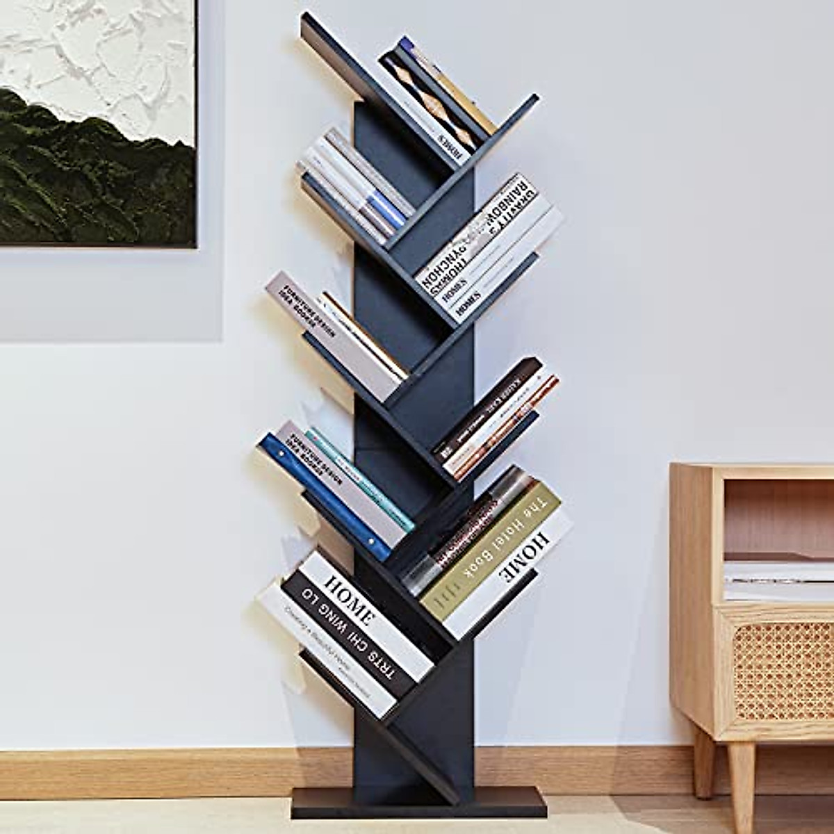 Aroktake Bookshelf, 9-Tier Black Tree Bookshelf, Anti-Tippling Wooden Bookshelves Storage Rack for Home Office, Living Room, Bedroom, Black