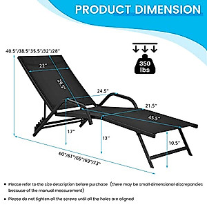 Tangkula Outdoor Patio Chaise Lounge Chairs, Reclining Lounge Chairs with 5-Position Adjustable Backrest & Breathable Fabric, Outdoor Recliner Chairs for Lawn, Poolside & Backyard, Set of 2 (2, Black)