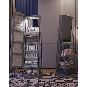 Dystler Full-Length Mirror Jewelry Cabinet: 360°Swivel Jewelry Armoire Cabinet with LED Lights - Built in Vanity Mirror Lockable Standing Jewelry Organizer with Large Capacity Shelves& Drawer Grey