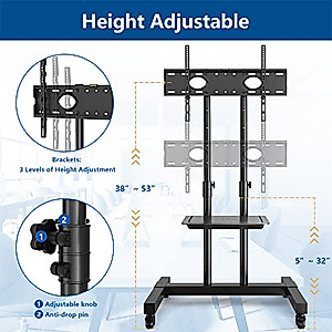 Mobile TV Cart for 32-75 Inch Screens up to 110 lbs, Height Adjustable Rolling TV Stand with Locking Wheels and Metal Shelf, Portable Outdoor Floor TV Stand Movable Monitor Holder for Home Office