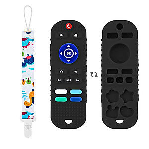 Silicone Baby Teething Toy Remote Control Shaped Baby Teether with a Cute Pacifier Clip Chain Soft Baby Chew Toys Early Sensory Education Molar Toy for Babies 3-18 Months (Black)