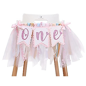 Pink Sweetheart One Birthday Banner - Pink Tutu Skirt High Chair Banner , 1st Birthday Party Gifts for Girls , Winter Onederland 1st Birthday Girl Decorations , Pastel Tassel Banner Ribbons