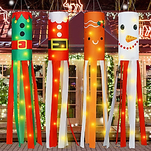 VitalCozy 4 Pcs Christmas Windsock Flags with LED Light Christmas Tree Hanging Decorations Santa Claus Gingerbread Man Elf Snowman Christmas Decorations for Lawn Yard Patio Garden Winter Party Decor