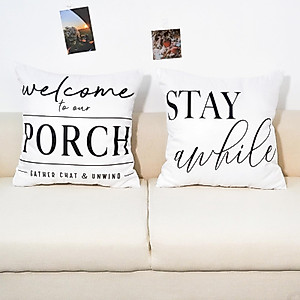 TAJWE Outdoor Pillow Covers Waterproof 18x18 Set of 2 Welcome to Our Porch Stay Awhile Cushion Cases for Patio Furniture Sofa Couch Decor