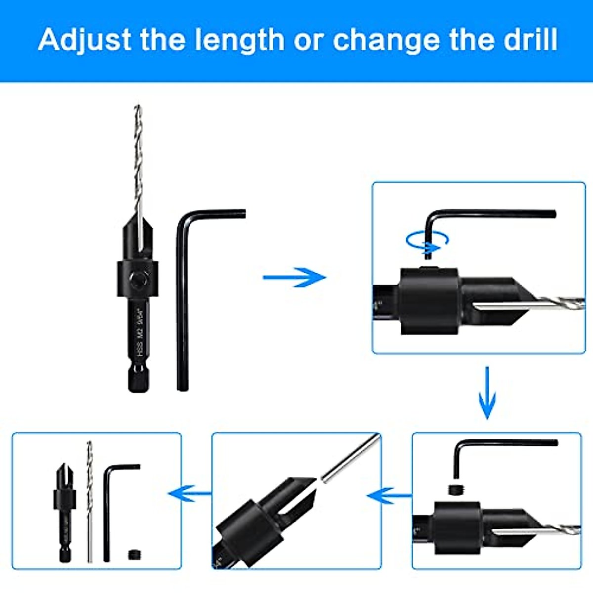7 Pcs M2 Countersink Drill Bit Set, 3in1 Wood Pilot Countersink Drill Bits for #4#6#8#10#12 Screws Holes, with Adjustable Depth Stop,Quick Release Hex Shank, 2-Allen Wrench