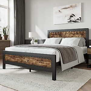 SHA CERLIN Grey Metal Bed Frame Full, Industrial Wooden Platform Base with Rivet Headboard and Footboard, No Box Spring Needed