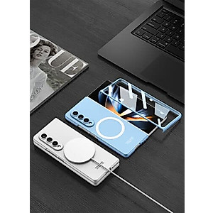 Ultra Slim Magnetic Wireless Charging Case with Glass Screen Protector for Samsung Galaxy Z Fold 3 5G 2021 Shockproof Anti-Scratch Full Cover Case(Gold)