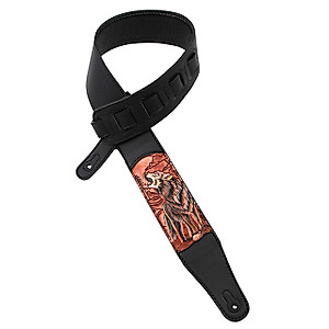 Walker & Williams CVG-WL-R Hand Carved Brick Red & Brown Howling Timber Wolf On Black Leather Guitar Strap For Acoustic, Electric, And Bass Guitars