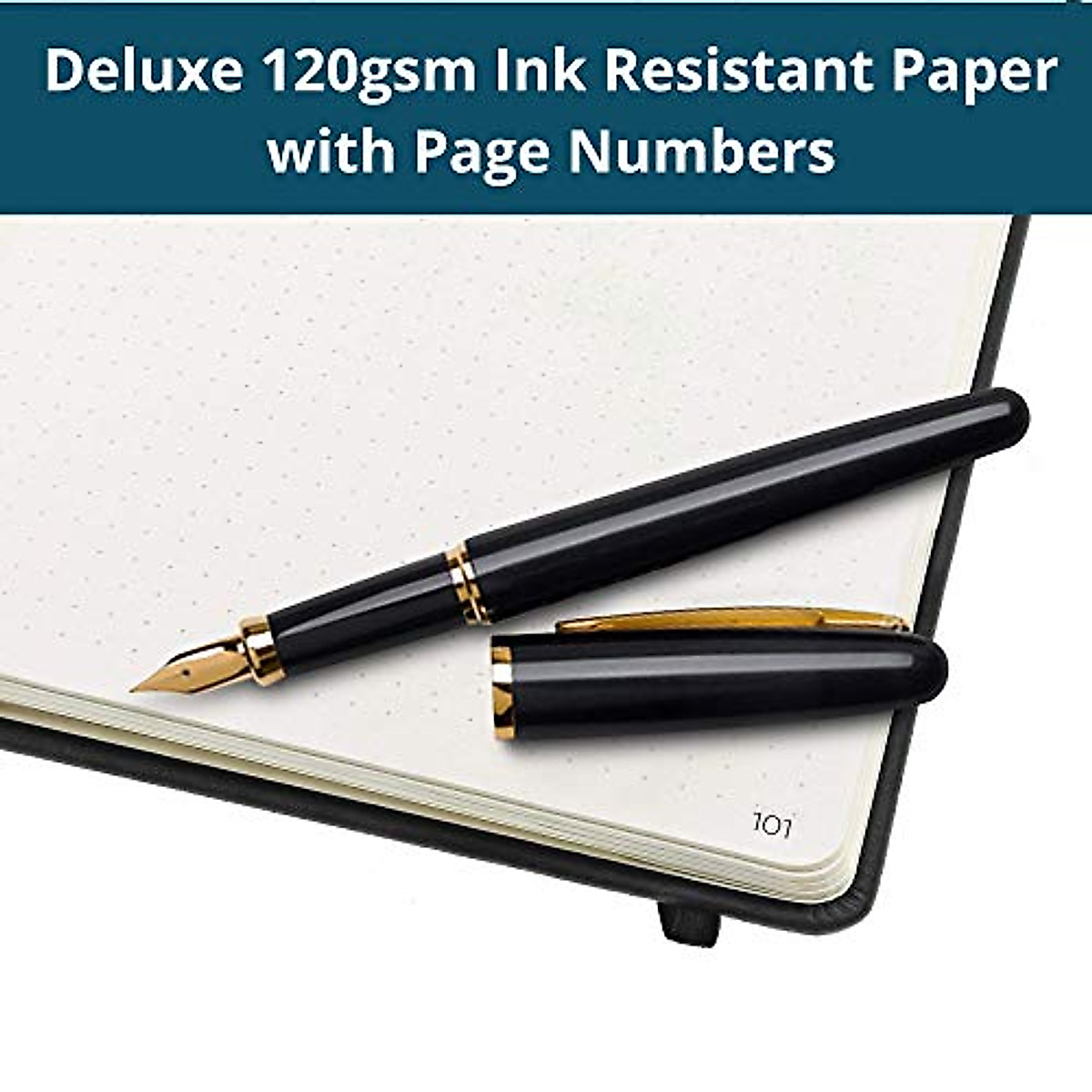 Thick Dotted Journal - A5 Hardcover Bullet Notebook Journals - Premium 120 GSM Ink-Proof Paper with 5mm Dot Grid, Page Numbers, Pen Holder, Pocket and Ruler - Dot Notebooks for Men and Women (Black)