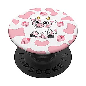 Cute Pink Strawberry Cow Print Aesthetic Pattern Kawaii PopSockets Swappable PopGrip