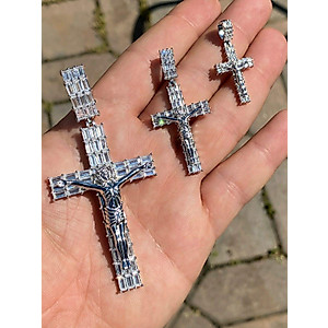 HarlemBling Real 925 Sterling Silver - Iced Baguette Cross W. Jesus Pendant - 3 Sizes Great For Any Necklace 1-2.5" (Medium 1.5")