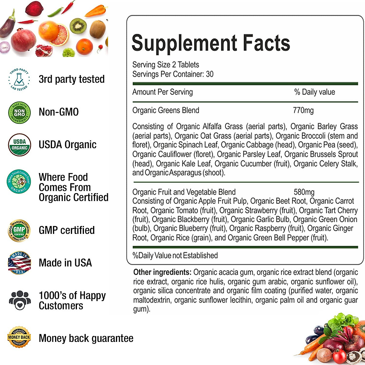 Organic Superfood Greens Fruits and Veggies Complex - Best Dietary Supplement with 14 Greens and 14 Fruits & Vegetables with Alfalfa Rich in Antioxidants Organic Ingredients Non-GMO 60 Tablets