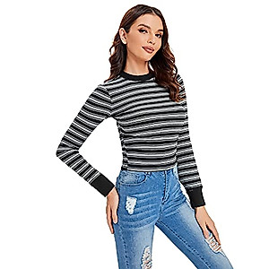SheIn Women's Striped Mock Neck Shirt Top Long Sleeve Turtleneck Tee T-Shirts Black Stripe Medium