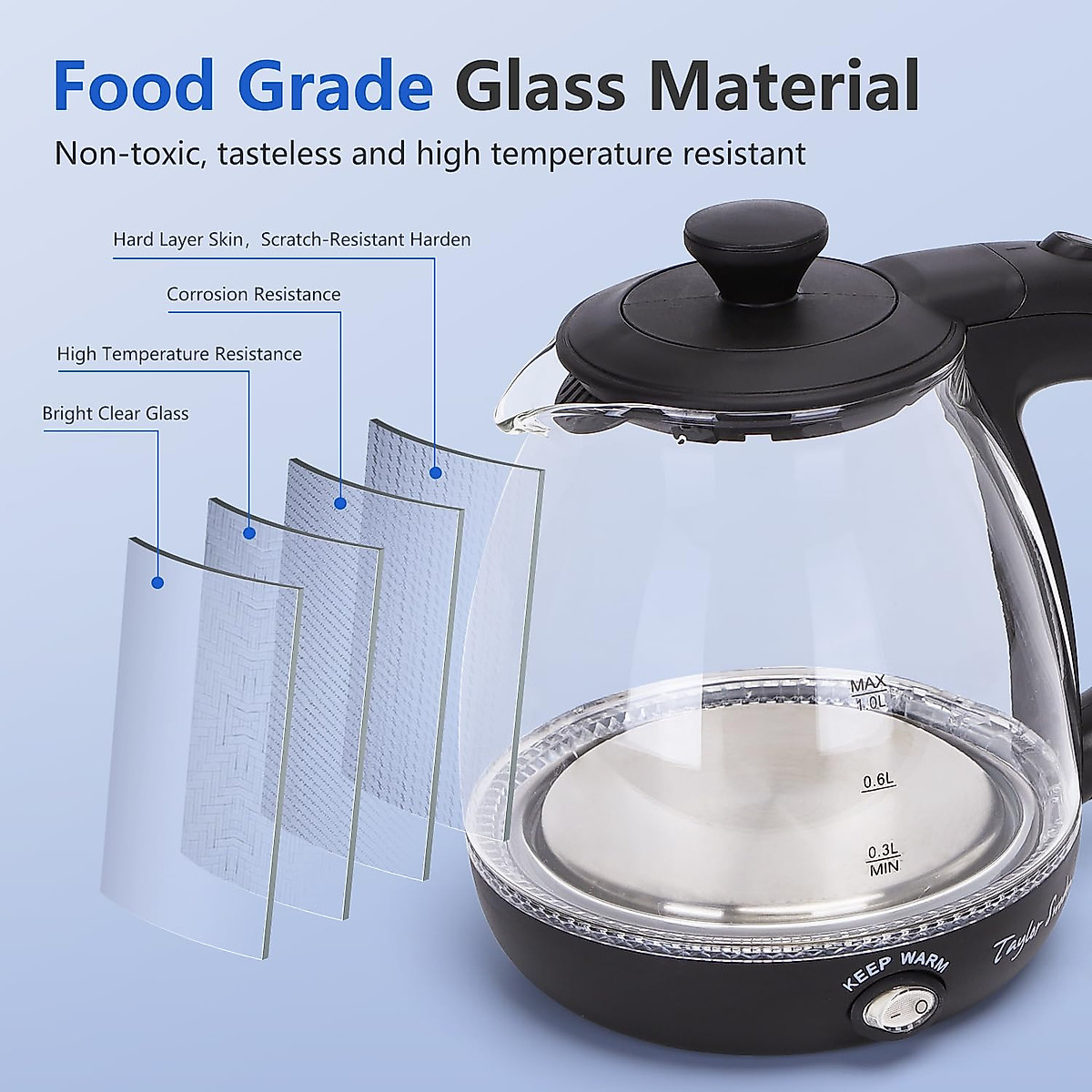 Electric Kettle with Tea Infuser, Small Electric Tea Kettle with Keep Warm Function for Home and Office, Black Taylor Swoden