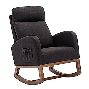 NIOIIKIT Nursery Rocking Chair, Upholstered Glider Chair for Nursery, Accent Rocker Chair with Tall Back & Side Pockets, Modern Leisure Single Arm Chair for Living Room, Bedroom (Black)