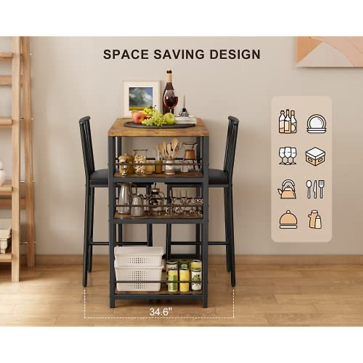 Gizoon Bar Table and Chairs Set for 2 with 3 Storage Shelves, Kitchen Counter Height Dining Table Set with Pu Cushion Chairs & Thick Wood Top for Breakfast, 3-Piece Modern Pub Table Set - Retro