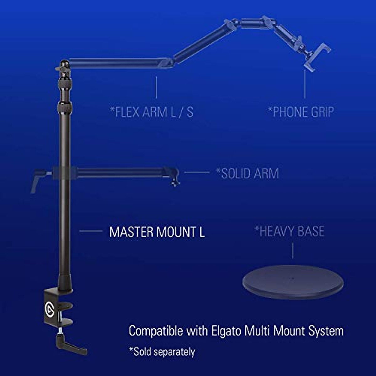 Elgato Master Mount L - Premium Desk Clamp with Pole extendable up to 125cm/49in and 1/4 inch Thread to Mount Lights, Cameras, and Microphones, perfect for Streaming, Videoconferencing, and Studios