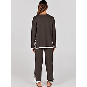 ANRABESS Women's Two Piece Outfits Long Sleeve Knit Pullover Sweater Tops & Wide leg Pants Casual Lounge Matching Sweatsuit Tracksuits Sets Coffee Large