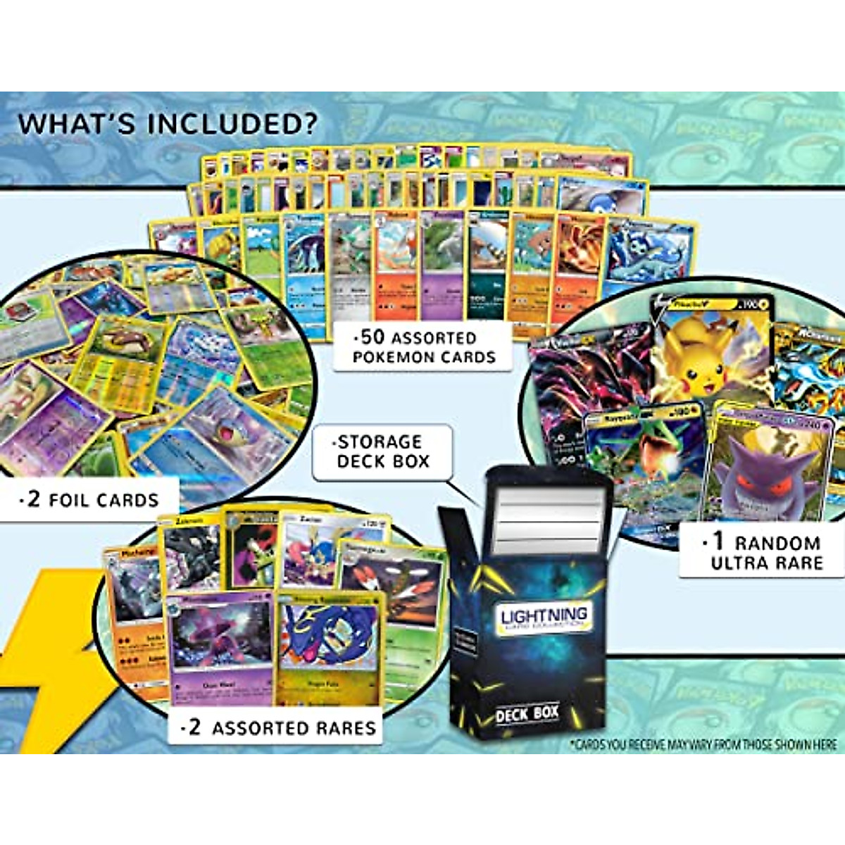 Lightning Card Collection's Ultra Rare Bundle- 50 Cards That inculdes (4 foil Cards and Rare Cards, 1 Random Legendary Ultra-Rare Card) and a deckbox Compatible with Pokemon Cards