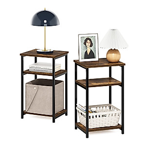 Furinno Just 3-Tier Metal Frame End Table with Storage Shelves, 2-Pack, Amber Pine