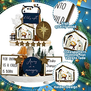 Bucherry 1 Sets Christmas Christian Jesus Nativity Tiered Tray Decor Farmhouse Nativity Decor Angels Mangers Jesus' Birth Wooden Christian Decor for Home Table Mantel