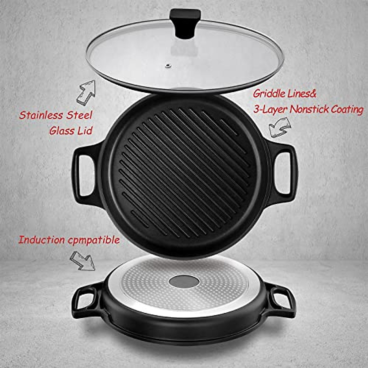 S·KITCHN Cast Aluminum Griddle Pan for Stovetop with Lid - Lighter than Cast Iron Skillet,Round Frying Pans Nonstick Grill Pan Dishwasher & Oven Safe,12IN
