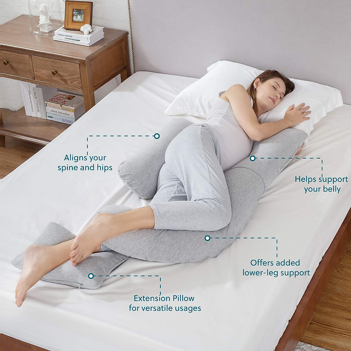 Bedsure Pregnancy Body Pillow,Maternity Pillow for Pregnant Women,H-Shaped Adjustable Pillow with Removable Washable Jersey Cover,Detachable Extension,Standard Size 51x27x7.8 Inches,Grey