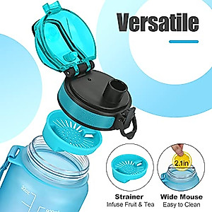 UPIRT 32 Oz Water Bottles, Motivational Water Bottle with Time Marker, Leak Proof Tritan Sport Bottle with Fruit Strainer, Water Jug with Carrying Strap for Fitness Gym and Outdoors (Green/Purple)