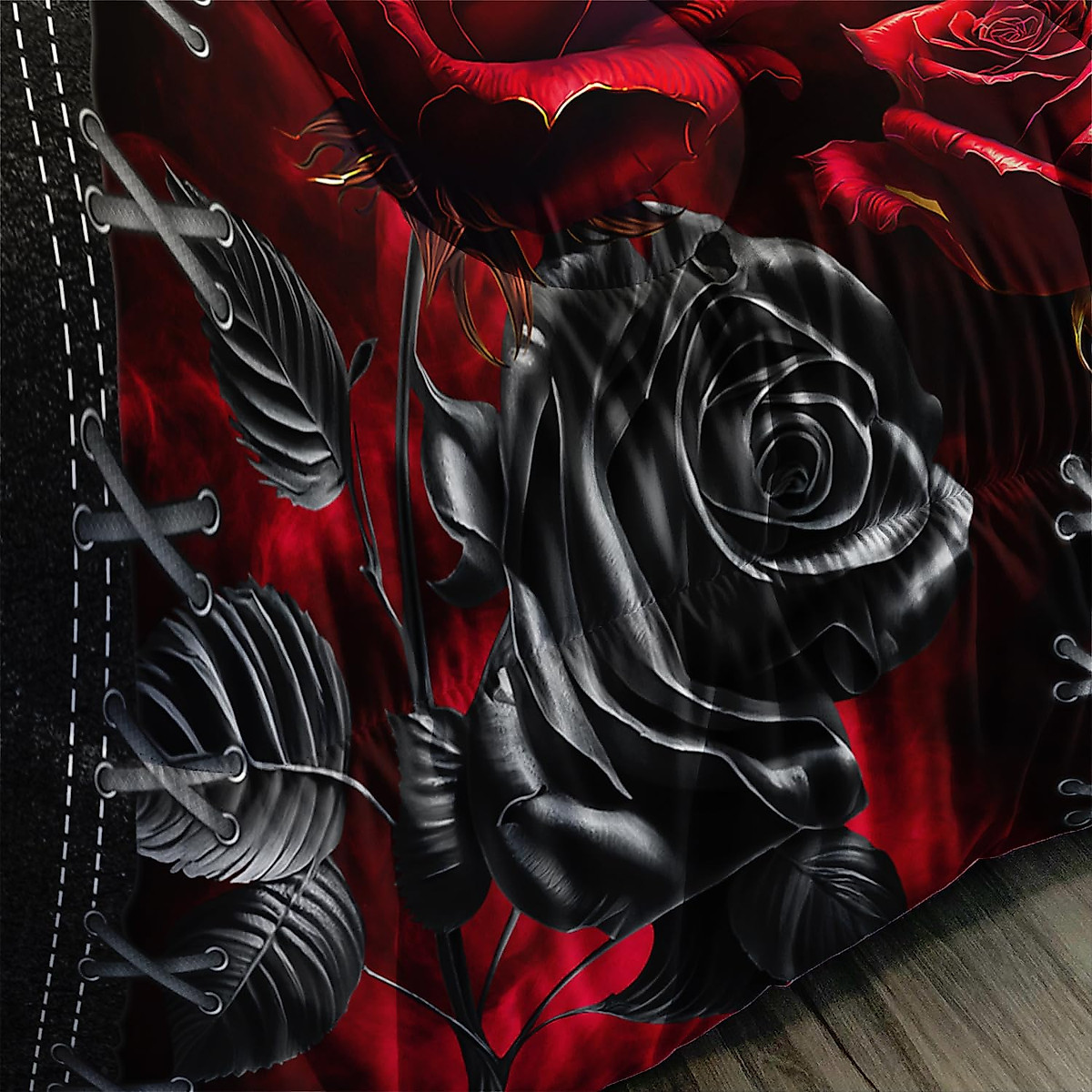 AILONEN Red Rose Comforter Set Full Size, 3D Red Floral Bedding Set,Red and Black Comforter Sets,Red Rose Duvet Set 3 Pieces, 1 Quilt and 2 Pillowcases