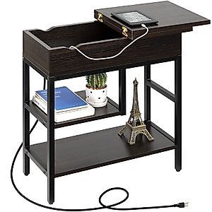 Hadulcet Side Table with USB Ports and Outlets, Narrow Sofa End Table with Storage Shelf for Small Spaces, Nightstand with Charging Station Bedside Table for Living Room, Black Walnut