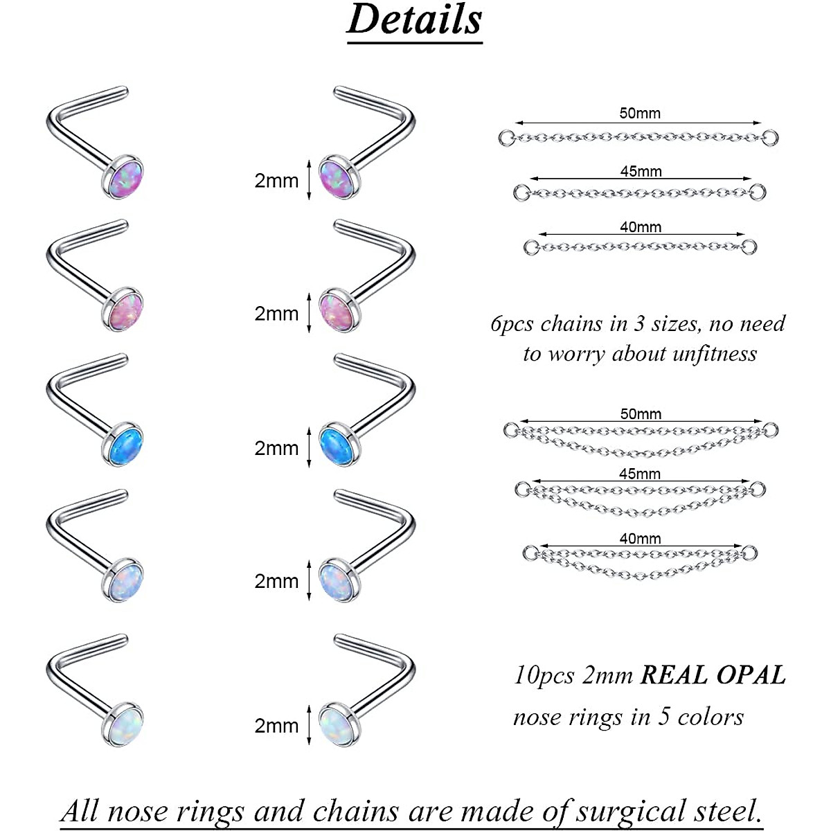 PunkTracker 16Pcs 20G Opal Nose Rings Surgical Steel Nose Studs for Women Nose Rings Studs with Chains Hypoallergenic Nose Piercing Jewelry