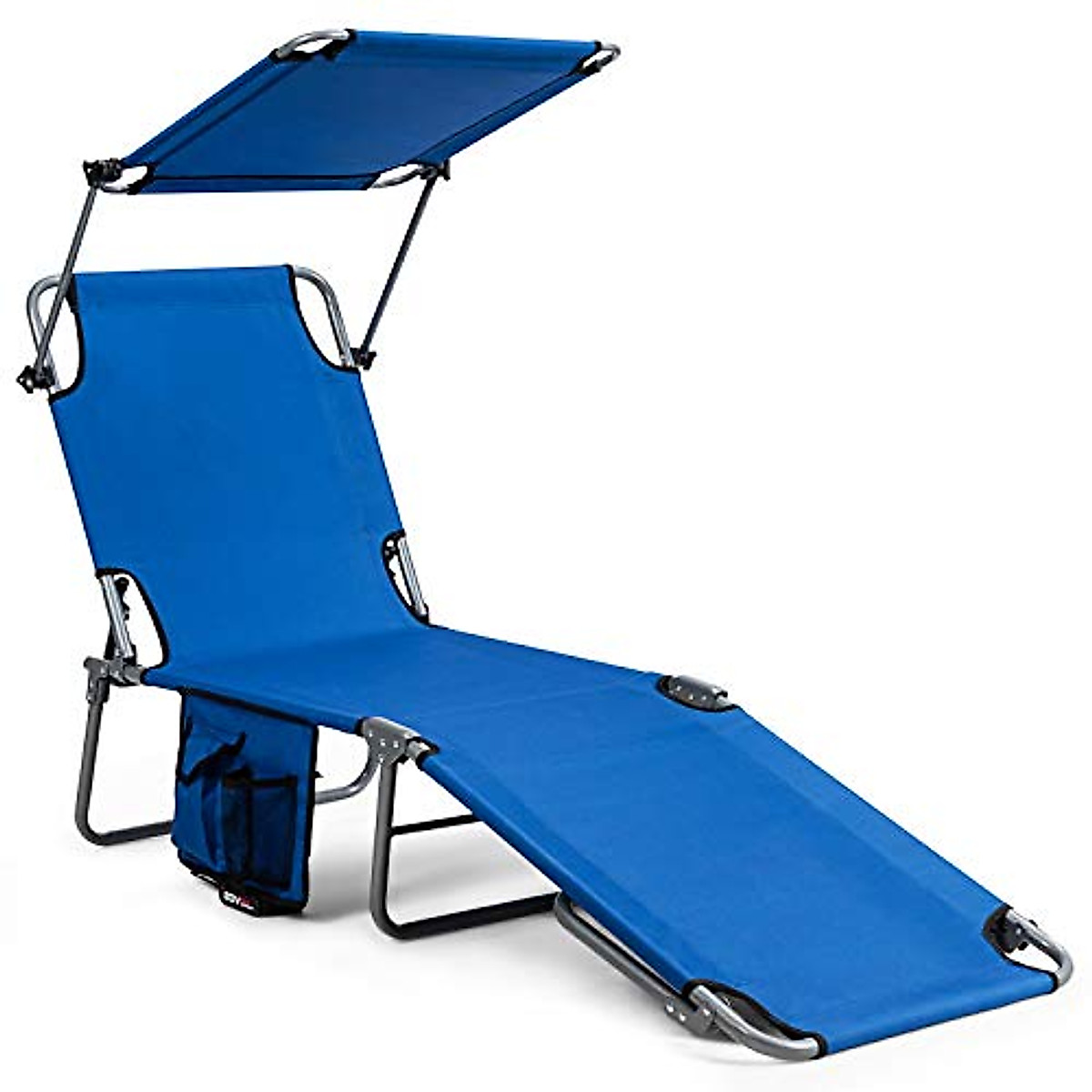 Giantex Lounge Chaise Chair Position and Shade Adjustable W/Canopy and Storage Pocket Folding Cot Recliner for Garden, Yard, Pool Side and Beach Sunbathing Folding Lounge Chairs(1, Navy)