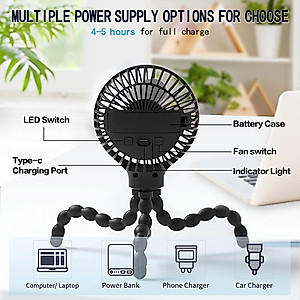 AGWIM Baby Fan for Stroller, Battery Operated Handheld Fan, Rechargeable Desk Fan with 3 Speeds & Led Light & Aromatherapy, Flexible Tripod Clip On Fan for Car Seat Crib Bike Treadmill (Black)