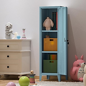MIOCASA Metal Cabinet Home Office Storage Cabinets with Doors and Shelves Lockable 3 Door File Cabinet Organizer Coat Lockers for Kids (Blue)