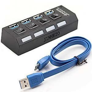 JINHEZO 4-Port USB 3.0 Hub, Data USB Hub, 22 inch Extended Cable for MacBook, Mac Pro, Mac Mini, iMac, Surface Pro, XPS, PC, Flash Drive, Mobile HDD with Individual LED Power Switches Black