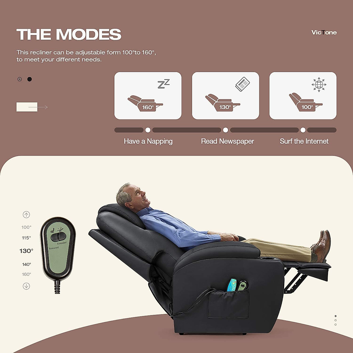 VICTONE Electric Power Lift Recliner Chair for Elderly Reclining Sofa for Living Room with Massage and Heat, Side Pockets and Cup Holders (Leather, Black)