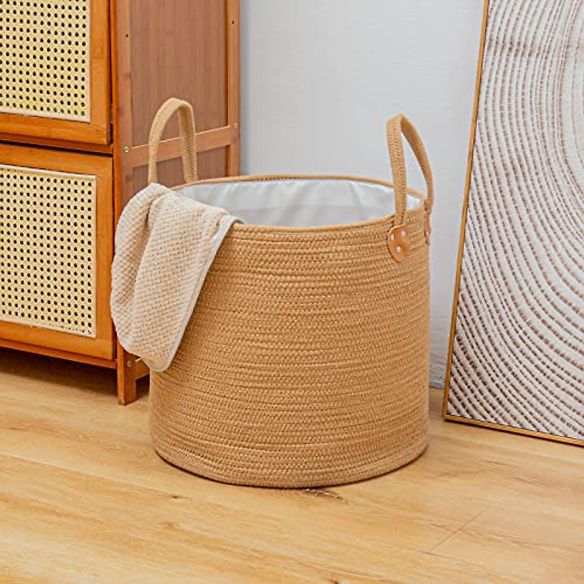 Homlikelan 46L Cotton Rope Woven Storage Basket,Blanket Basket with Handles Wicker Laundry Basket for Clothes,Toys,Pillows,Towels,Shoes,Plant Hampers for Bedroom,Living Room,Bathroom,Nursery Brown