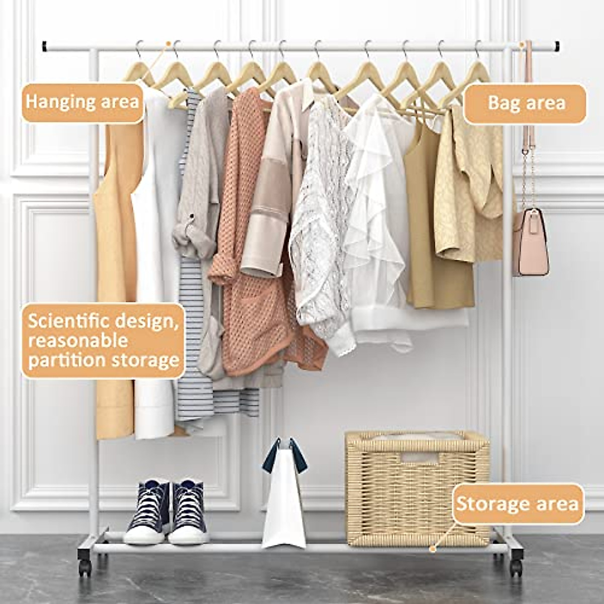 UDEAR Garment Rack Freestanding Hanger,Multi-functional Portable Clothing Rack with Wheels,White