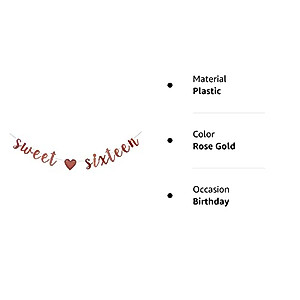 Rose Gold Glitter Sweet Sixteen Banner - Happy 16th Birthday Bunting Garlands/Happy Sweet 16/Cheers to 16 Years Old Party Decoration Supplies