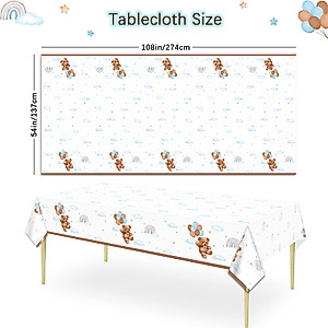 3 Pieces Teddy Bear Baby Shower Tablecloths Plastic Table Cover, Boho Brown Blue Baby Shower Birthday Party Decorations Supplies for Boys Kids Large Size 108×54 Inch Rectangular Cute Bear Table Cloth