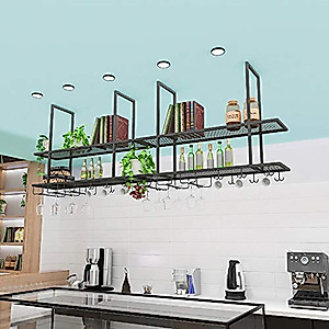 MISTRARA European Style Hanging Shelf, 2-Layer Black Wrought Iron Ceiling Frame, Restaurant Bar Storage Rack, Upside Down Wine Glass Rack 3 Sizes (Size : 100 * 30 * 80cm)